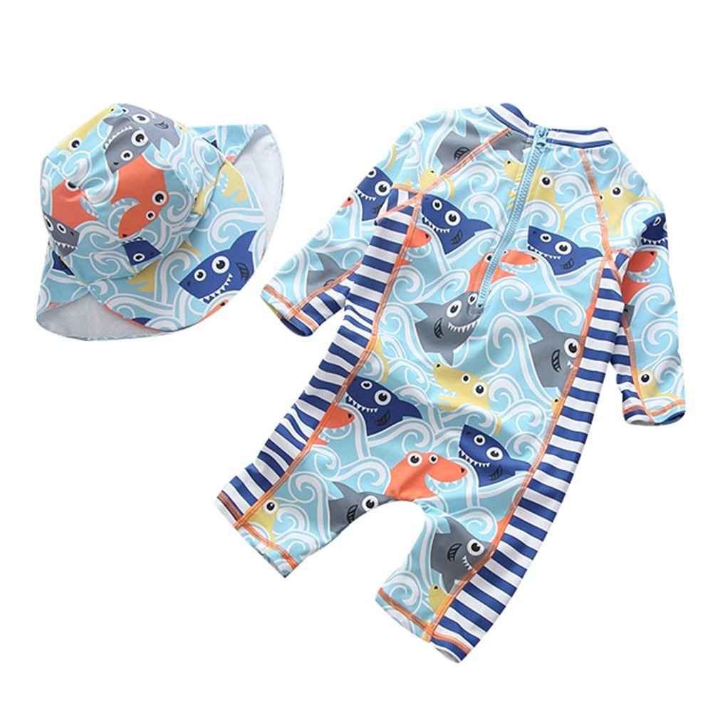 Baby Boys Swimsuit One Piece Toddlers Zipper Bathing Suit Swimwear with Hat Rash Guard Surfing Suit UPF 50+ (Shark, 3-6 Months)