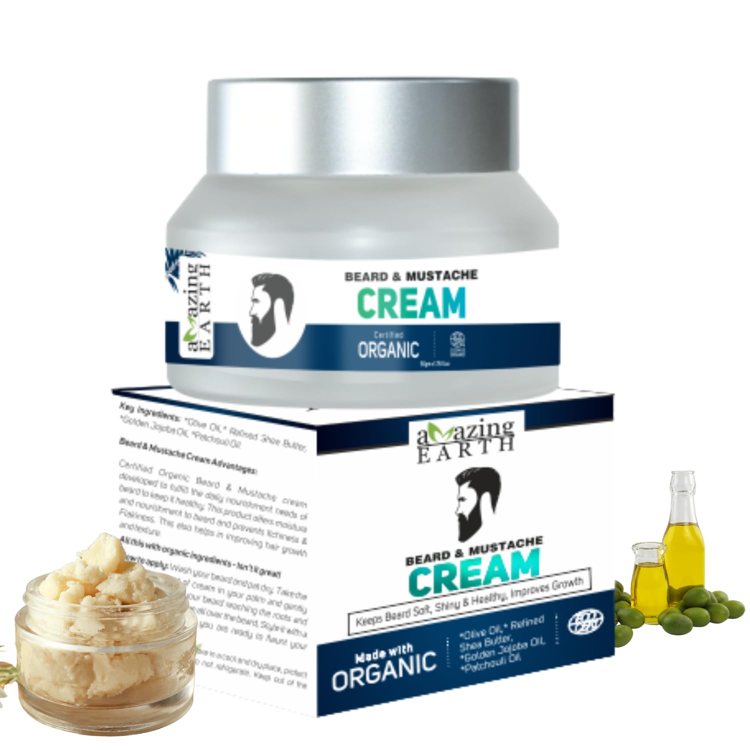 Amazing Earth Beard and Mustache Cream for Men -Certified Organic, Styling, Hair Growth, Soft Beard, Chemical-Free and Vegan -50 g