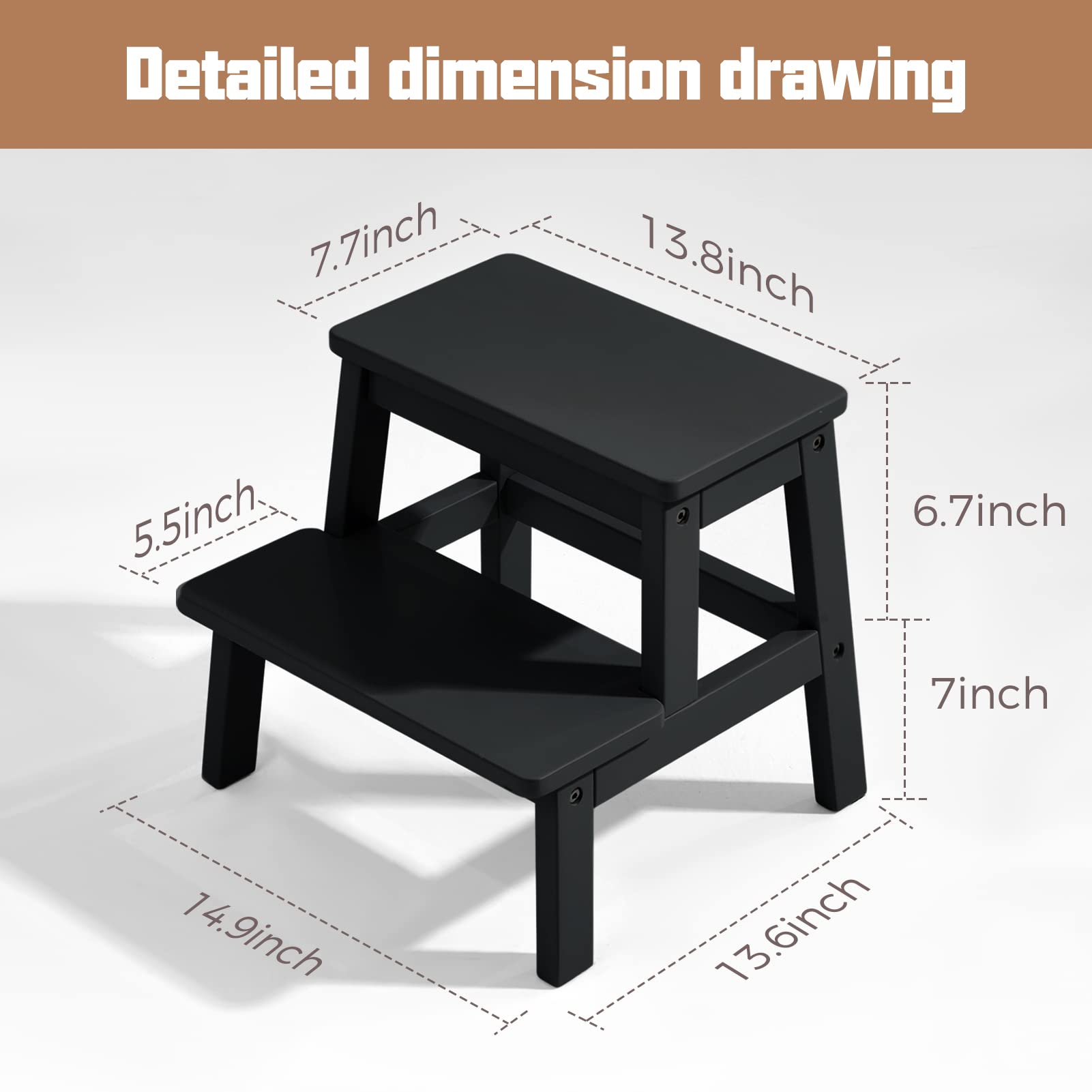 HOUCHICS Wooden Step Stool for Adults Kids, Solid Wood Bed Step Stool, Multi-Purpose 2-Step Stool for Kitchen, Bed, Bathroom with 260lb Load Capacity Black