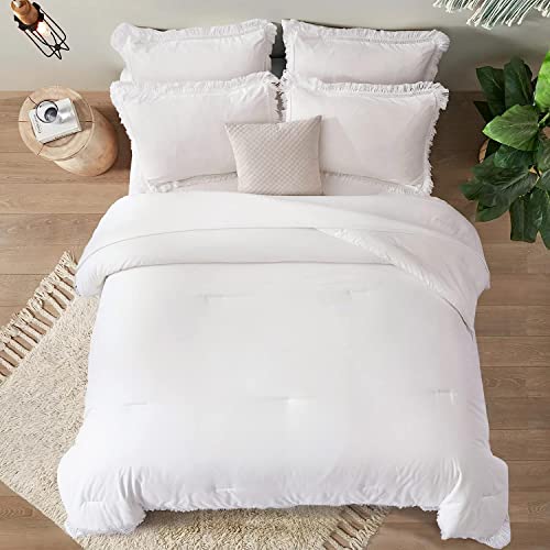 7 Pieces Bed in a Bag Comforter Set White Tassel Comforter Set Boho Fringe Comforter Tufted Soft Microfiber Bedding Sets King (1 Comforter,2 Pillowcases,2 Pillow Shams,1 Flat Sheet,1 Fitted Sheet)