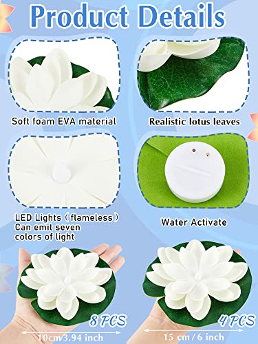 12 Pcs Floating Pool Lights Lotus Floating Lanterns LED Lifelike Floating Lamp Battery Operated Lily Pad Flower Candle Fun Pool Accessories for Pond Decor, Yellow Light (White, 3.94/5.91 Inch)