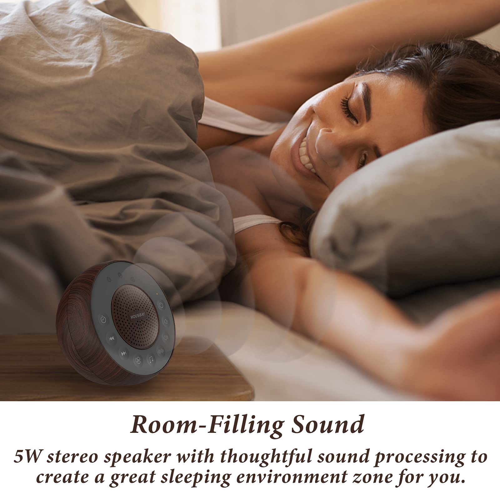 Housbay White Noise Machine with 31 High Fidelity Soothing Sounds, 5W High Power Loud Enough Speaker, Easy Volume Control, Sleep Timer, Sound Machine for Baby, Kids, Adults, Light Sleeper -Wood Grain
