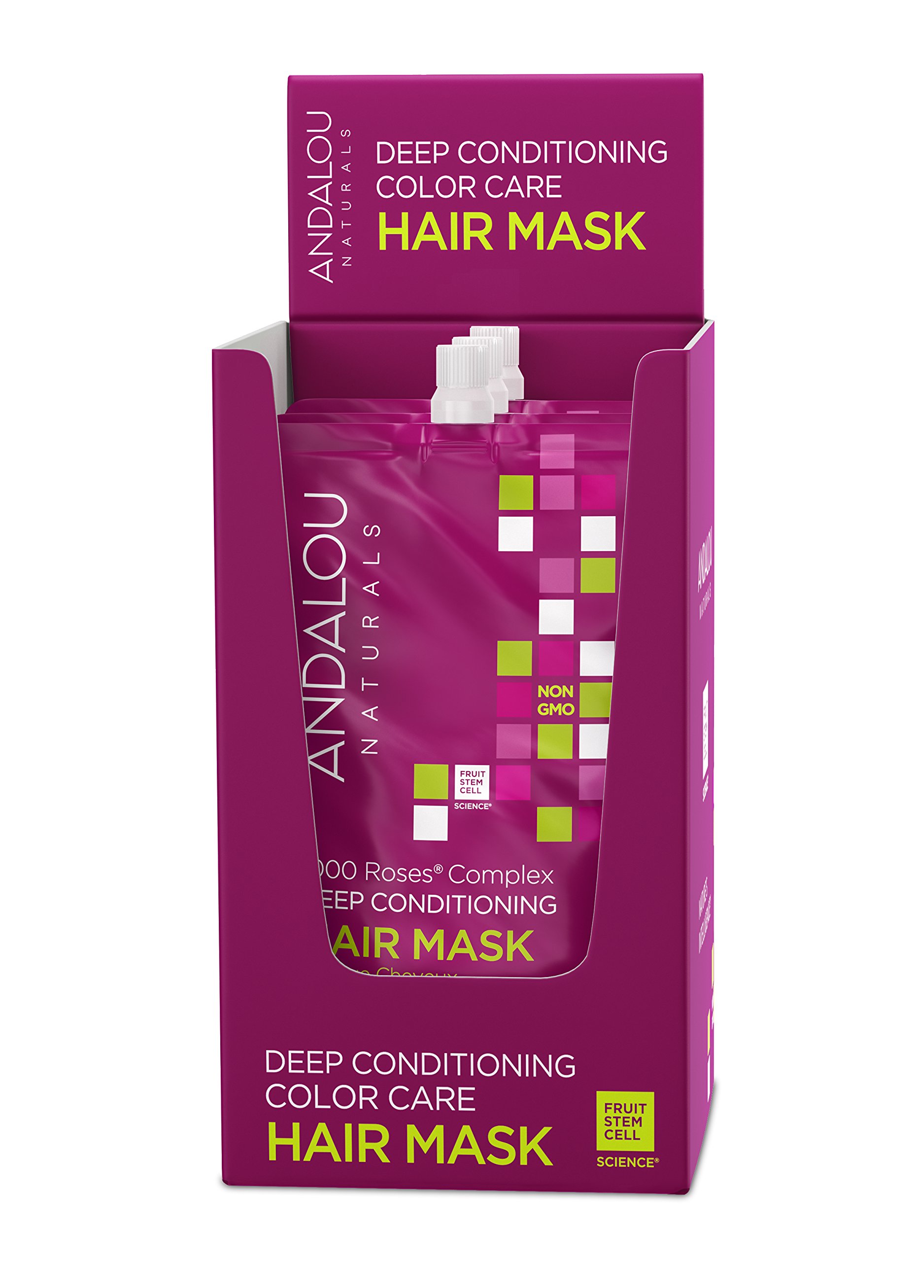Andalou Naturals 1000 Roses Hair Mask, Color Care Hair Mask for Damaged Hair, 6 Count, Cocoa Seed Butter, Rosehip Oil & Pro-Vitamin B5, All Hair Types