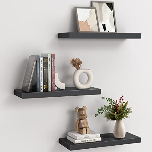AMADA HOMEFURNISHING Floating Shelves Black, Wall Shelves with Invisible Brackets for Bedroom, Bathroom, Living Room, Kitchen, Set of 3 - AMFS07