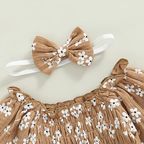 2pcs Infant Baby Girls Romper Headband 0-24M Ruffles Long Sleeve Off Shoulder Flowers Printed Sweet Jumpsuit (Brown, 0-6 Months)