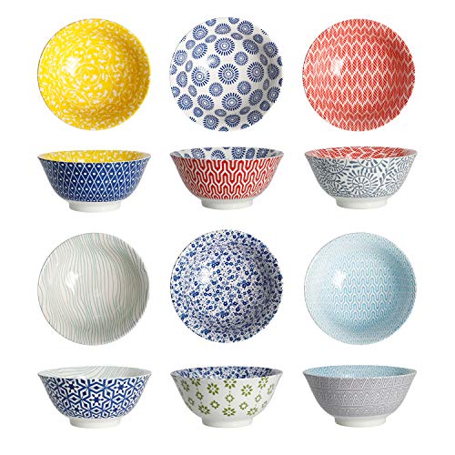 Amazingware Porcelain Salad Bowls - 18 Ounce for Cereal, Soup, Salad and Pasta, Bowl Set of 6, Assorted Designs