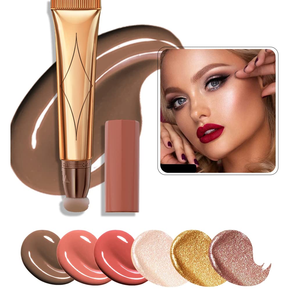 2 Color Contour Beauty Wand, Highlighter ,Face Concealer Contouring with Cushion Applicator Long Lasting & Smooth Matte Finish Liquid Illuminator Makeup Stick (01# Contour&02#Peach Pink)