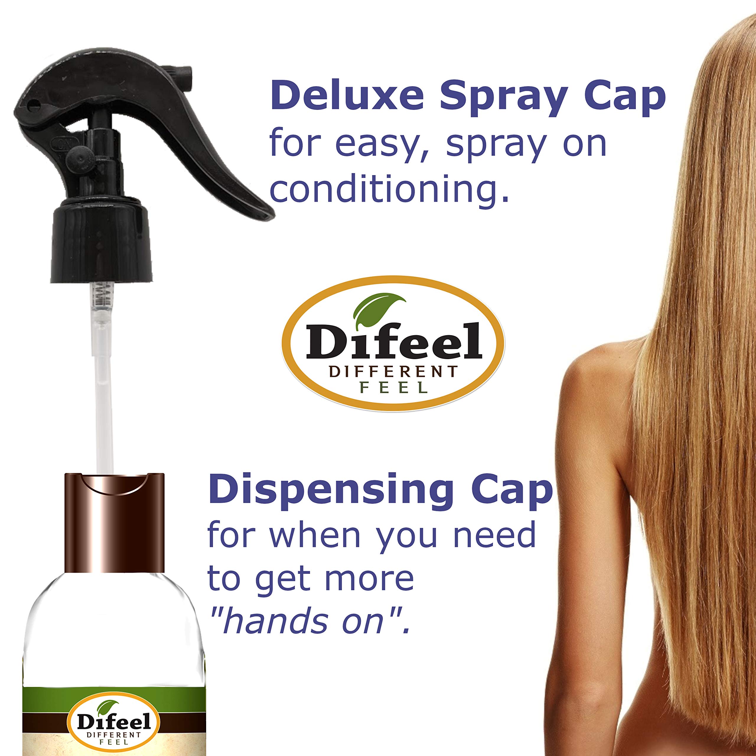 Difeel Shine Boost Leave in Conditioning Treatment - 100% Pure Coconut Oil 6 oz. with Spray Cap & Dispensing Cap
