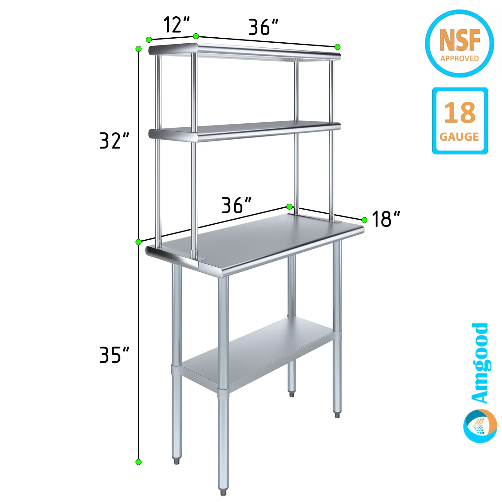 18" x 36" Stainless Steel Work Table with 12" Wide Double Tier Overshelf | Metal Kitchen Prep Table & Shelving Combo