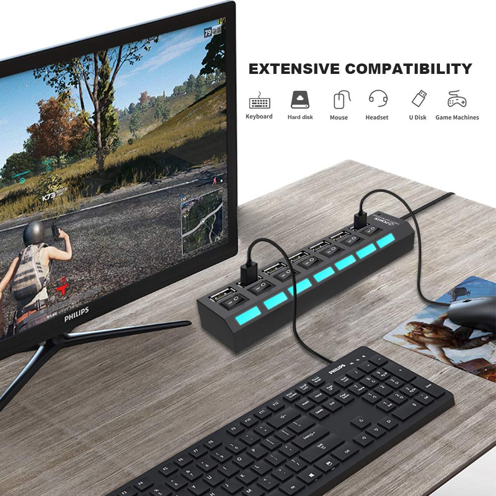 barsone Multi Port USB Hub Splitter, 7-Port USB 2.0 Hub for Laptop, USB Port Expander with On/Off Individual Switch Compatible for All USB Device