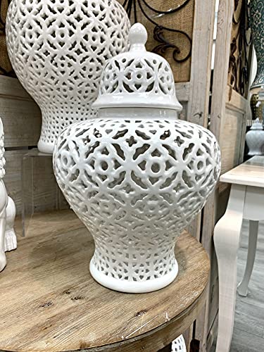 Galt International 19.5” Lattice Ginger Jar with Lid - Home Decor with Intricate Mediterranean Inspired Lattice Work - Living Room and Kitchen Decoration - 19.5” (White)
