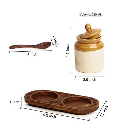 ExclusiveLane 'Old Fashioned' Ceramic Pickle Jar Set with Hand Carved Wooden Tray for Dining Table, Kitchen | Pickle Jars with Lids Indian Style, Achaar Storage, Set of 2 (230 ML)