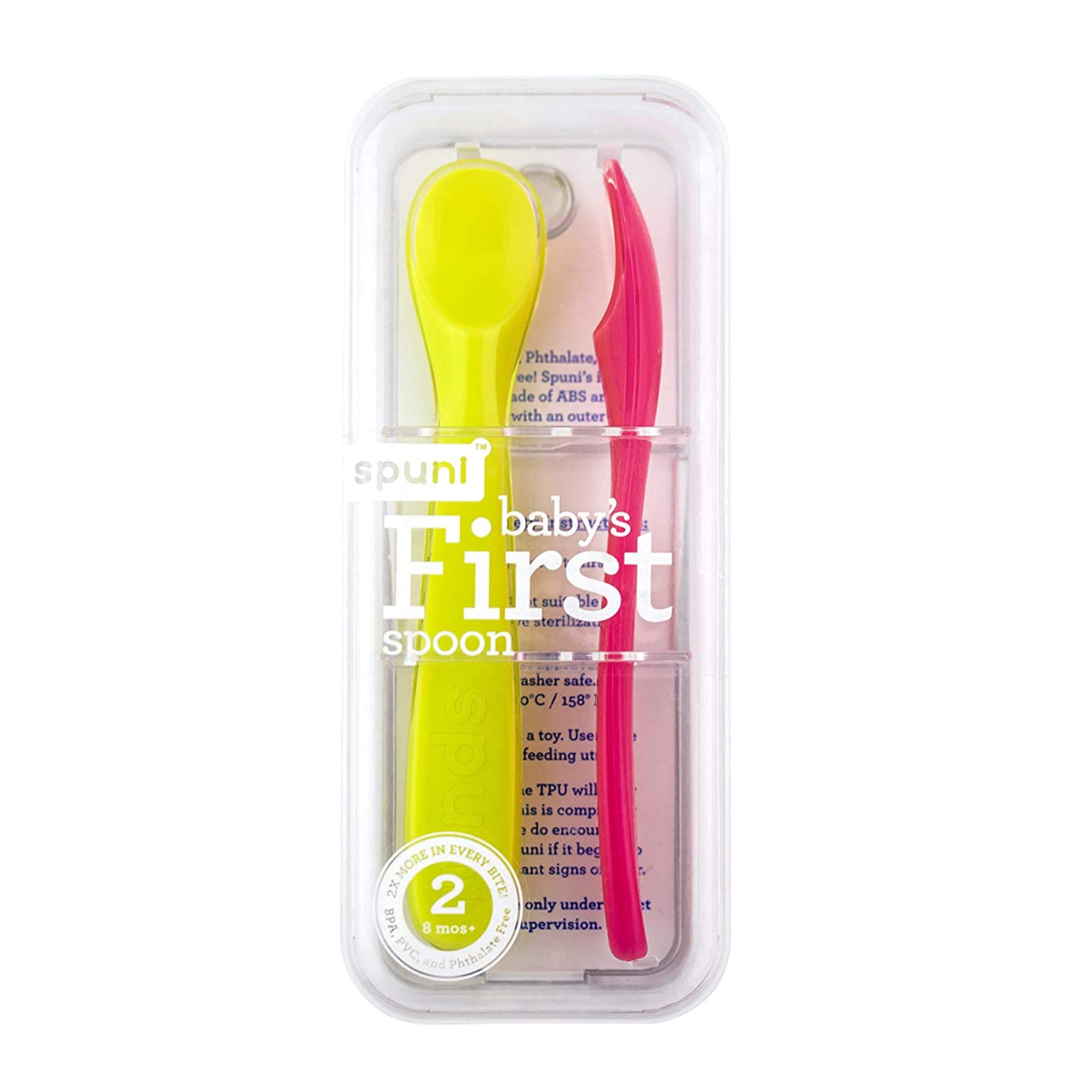 Spuni - Baby Spoon, Medical-Grade Soft Plastic Infant Feeder, Feeding Spoons for Babies (8 months+), Neon Green & Playful Pink, 2 Pack