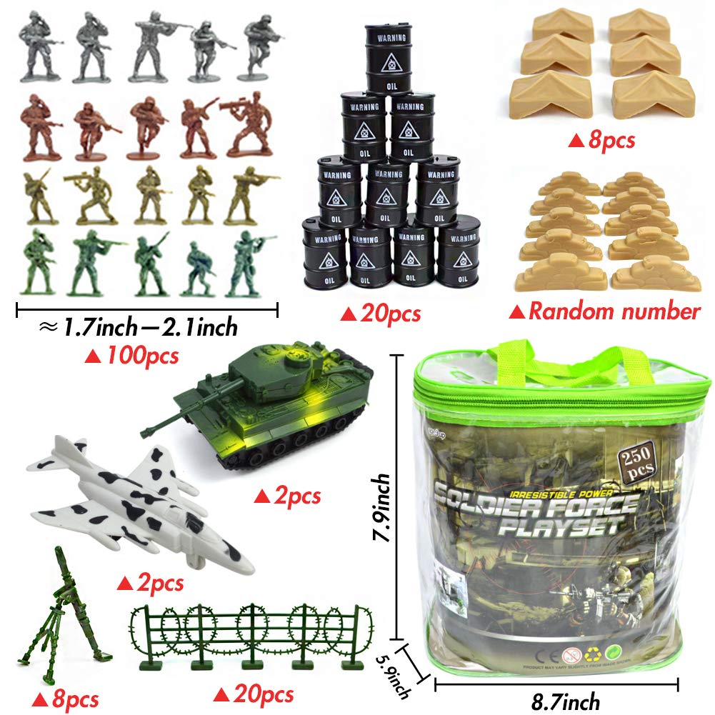 3 otters 250PCS Army Men Military Set, Military Figures and Accessories with Hand Bag World War II Army Men Toys for Boys