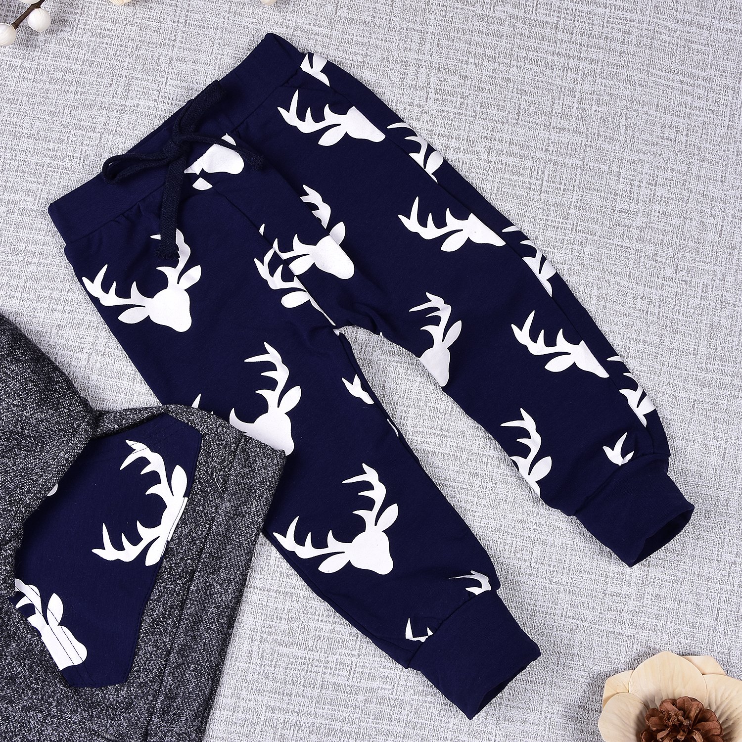 2PCs Baby Deer Print Hoodies with Pocket Top + Striped Long Pants Autumn Outfit Set (6-12M(Tag80), Grey&Dark Blue)