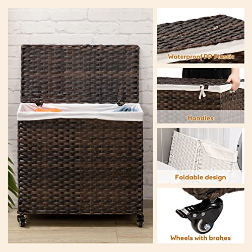 ALIMORDEN Wicker Laundry Hamper with Lid and Wheels 110L Clothes Laundry Basket with Removable Liner Bags Large Hampers for Laundry Organizer 3 Sections for Bedroom Closet Laundry Room Bathroom Brown