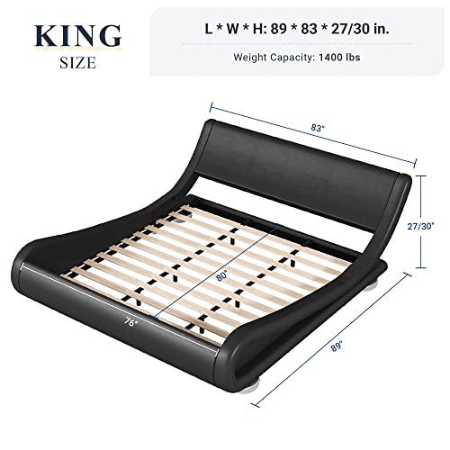 Allewie King Size Upholstered Platform Bed Frame with Ergonomic & Adjustable Headboard, Low Profile Sleigh Design for Elegant Bedroom - No Box Spring Needed, Easy Assembly, Black