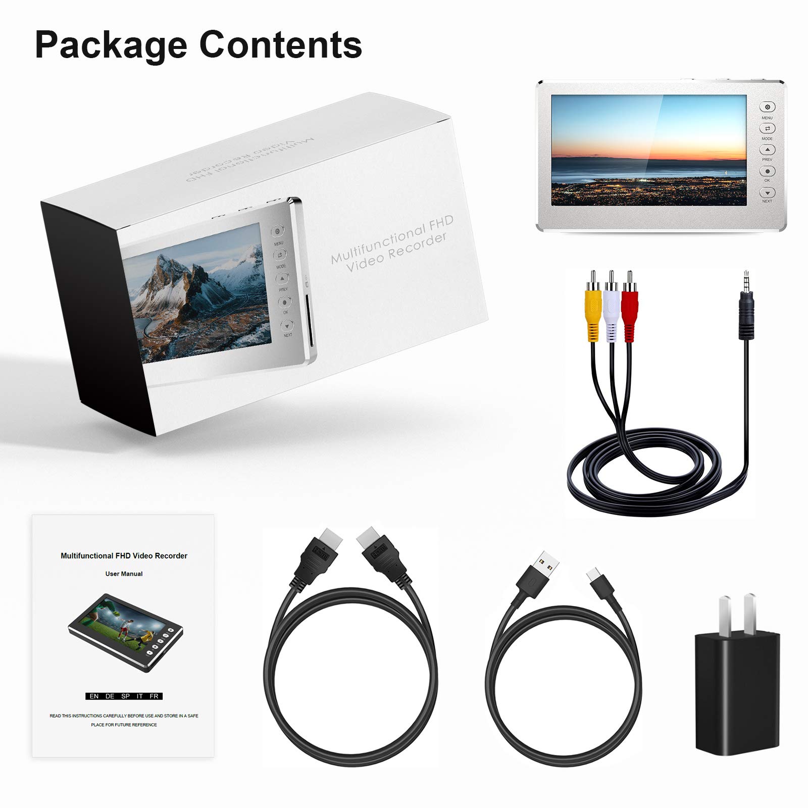 DIGITNOW HD Video Capture Box 1080P 60FPS USB 2.0 Video to Digital Converter with 5" OLED Screen, AV&HDMI Video Recorder Capture from VCR, DVD, VHS Tapes, Hi8, Camcorders, Gaming Systems -Silver