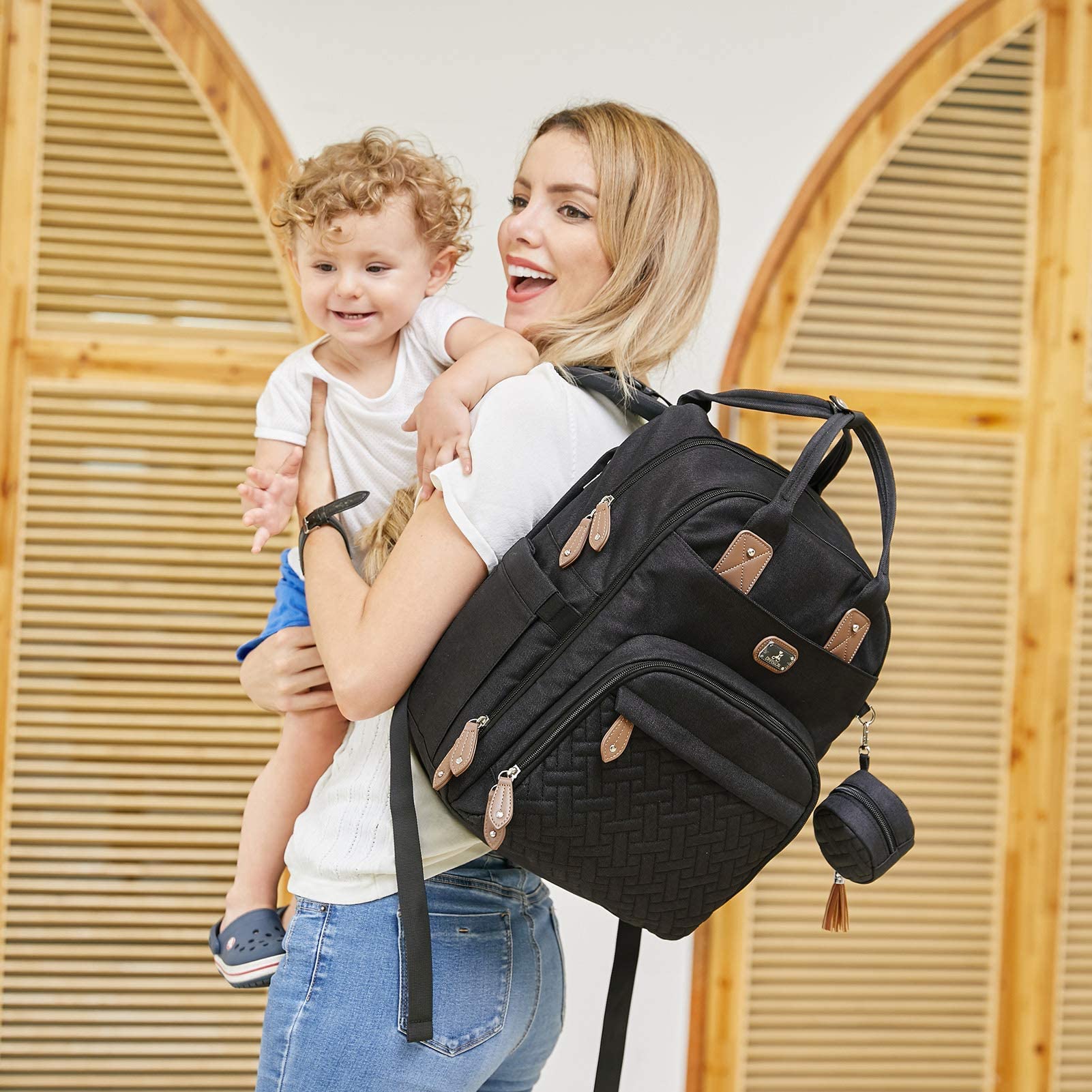 Dikaslon Diaper Bag Backpack, Stroller Hooks, Large Unisex Baby Bags with Changing Pad, Pacifier Case and Universal Stroller Clips for Mom Dad