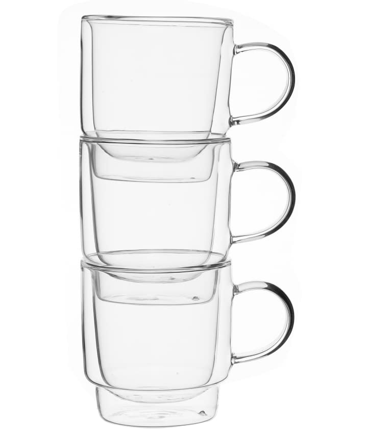 160ML4 Glass double wall cup with handle, Stackable cups, 4pcs/Gift box as one set