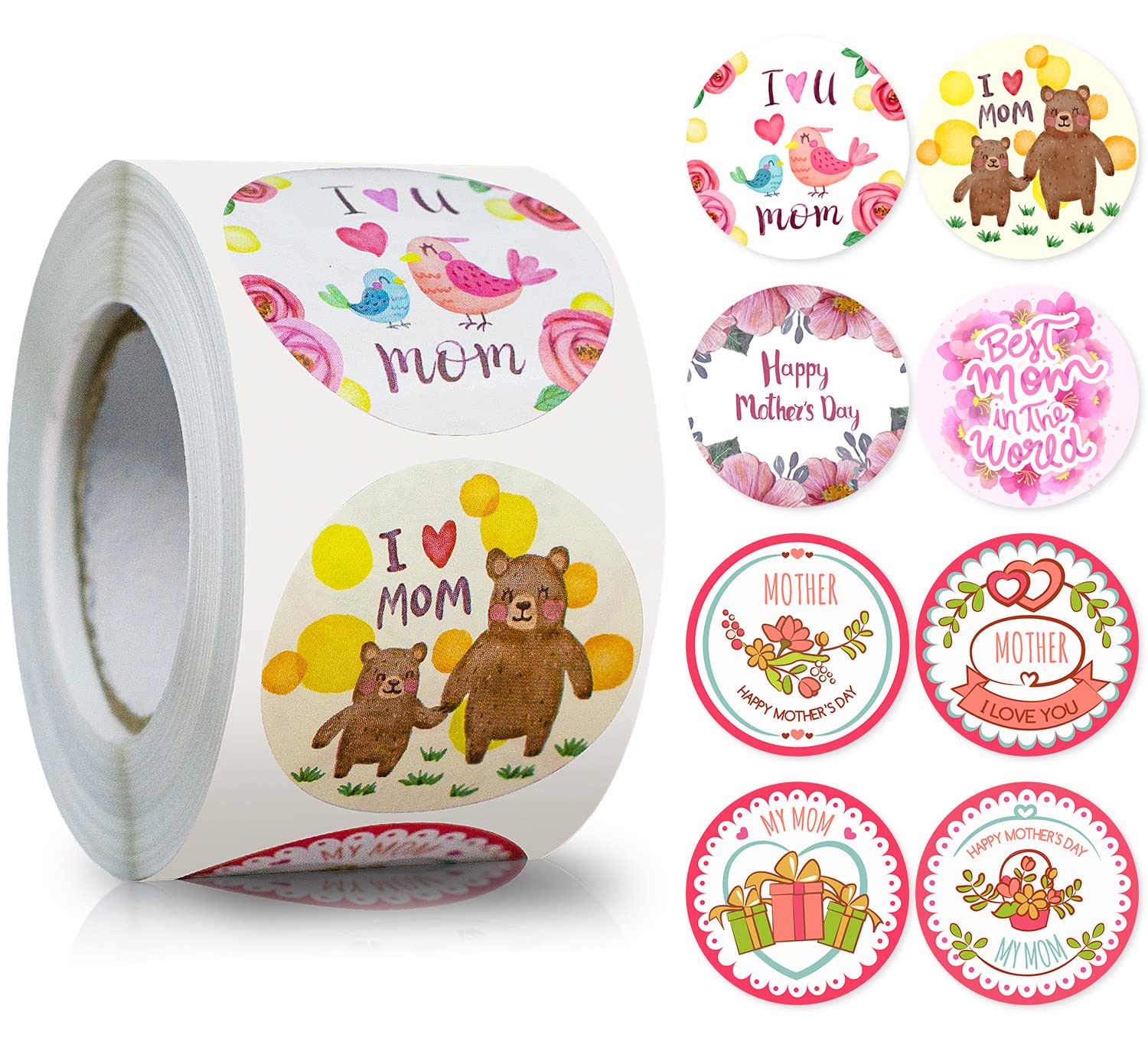 500Pcs Mothers Day Stickers,Motherโs Day Stickers Roll,Happy Mothers Day Stickers for Envelopes Gift Cards Decorations