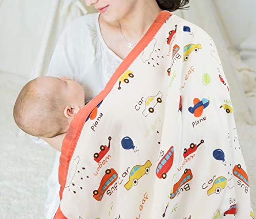 Coral Red Muslin Baby Blanket, Ultra Soft Hypoallergenic Baby Quilts, Unisex Baby Swaddle Wrap, Oversized 43 X 45 inchs (Car Bus)