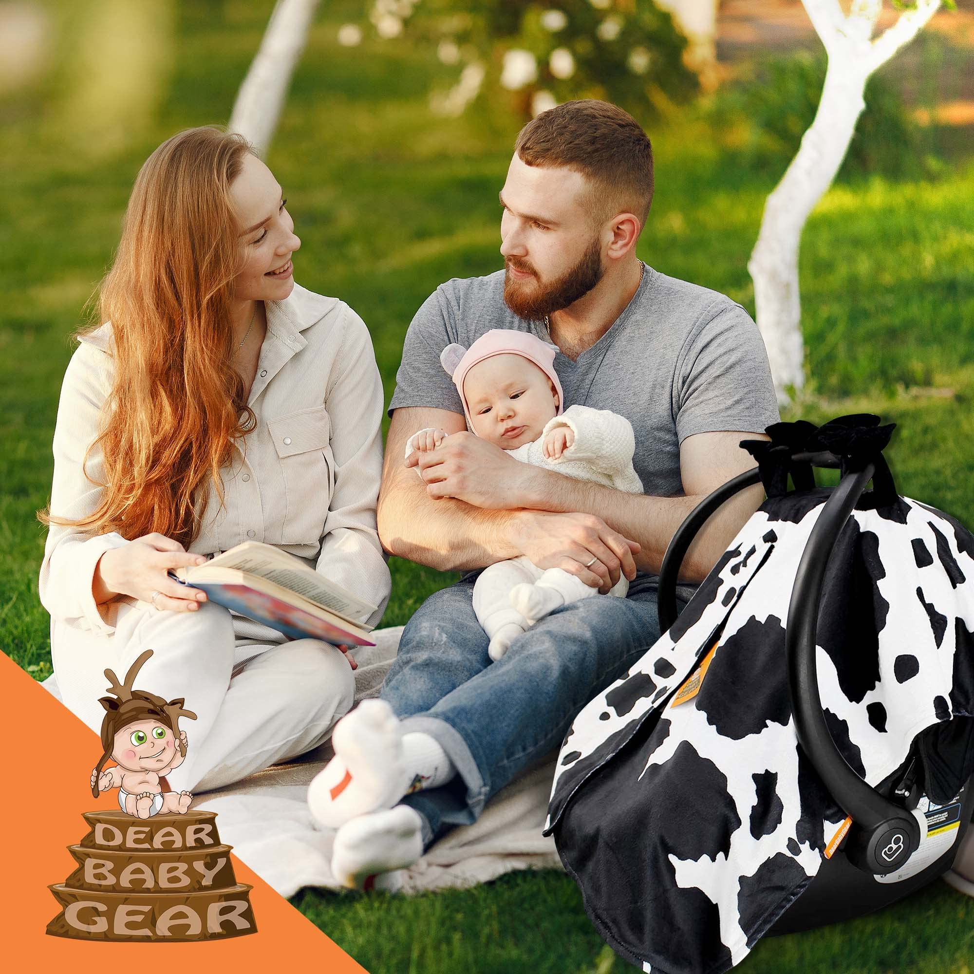 Dear Baby Gear Black and White Holstein Cow Baby Car Seat Canopy with Snap Button Opening and Puffy Bows— Layered Lightweight Cover Keeps Babies Cozy and Sheltered — 40 x 30 Inches