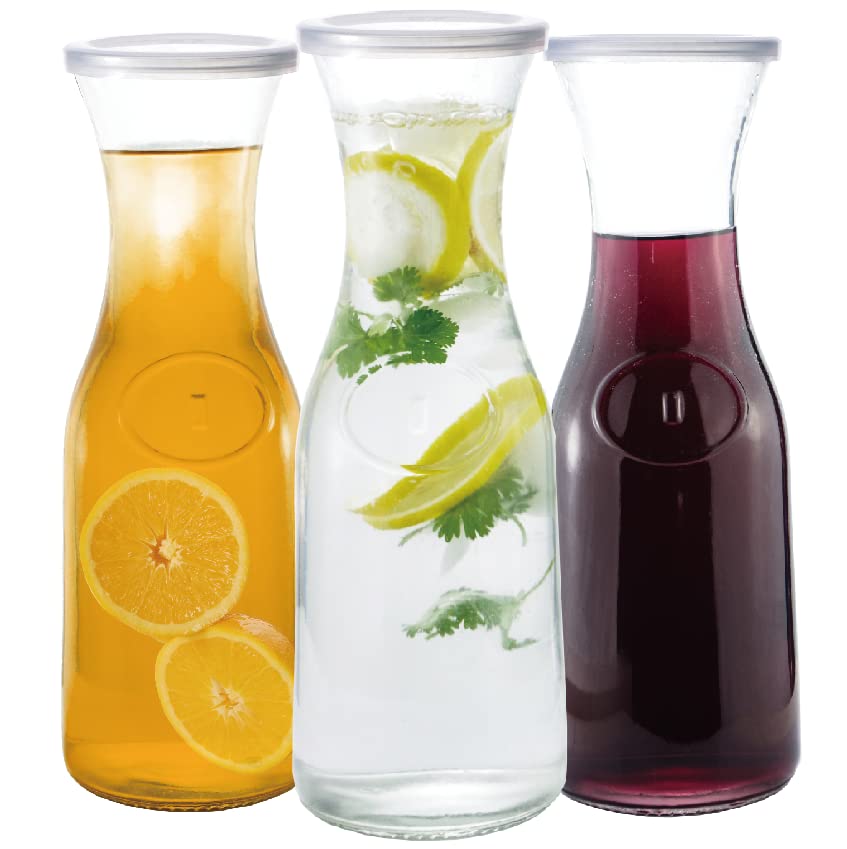 Glass Carafe Pitcher 1 LITER Clear ZERO LEAD For Water, Wine, Milk, Juice, Mimosa Bar With ZERO BPA Easy snap on Lids - 34 Ounces (PACK OF 3)