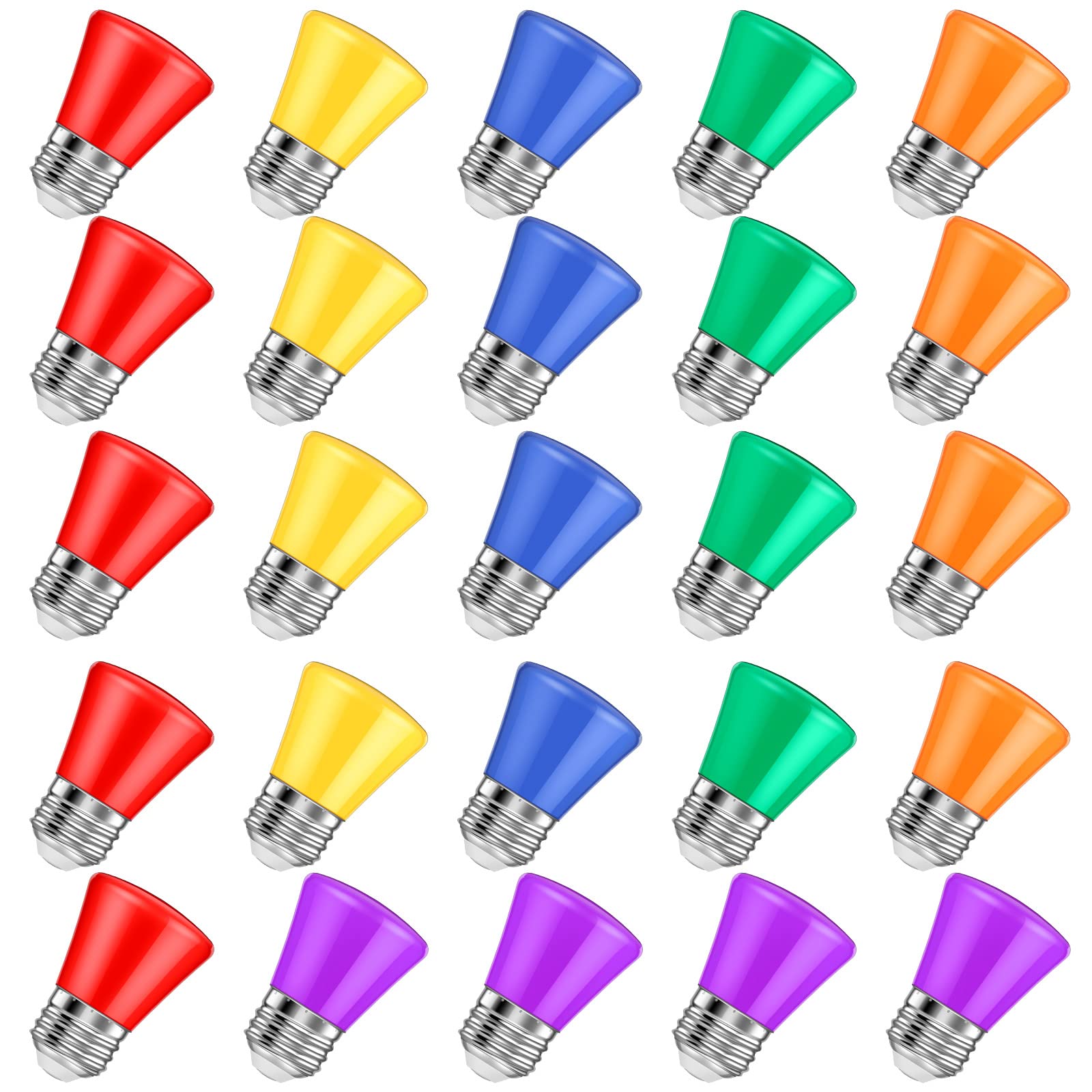 25 Pcs Christmas 2W LED Light Bulbs Replacement Bulbs for Outdoor String Lights E26 Base Plastic Waterproof S14 LED Bulb for Wedding Halloween Patio Party Bar Decor (Multi Color)