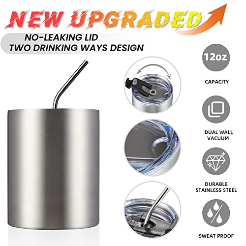 MEWAY 12oz/8Pack Coffee Mug With Lid, Insulated Stainless Steel Reusable Coffee Cup, Double Wall Durable Coffee Mug, Powder Coate,For Coffee, Beer, Home, Office(Silver,8 Pack)