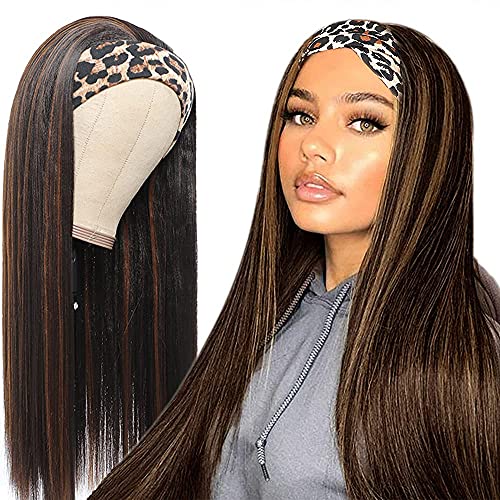 Angels Beauty Headband Wig for Women Black/Brown Long Straight Headband Wig Premium Synthetic Headband Wig Natural Glueless None Lace Front Wigs with Headbands & Wig Caps (22 Inch Black/Brown)