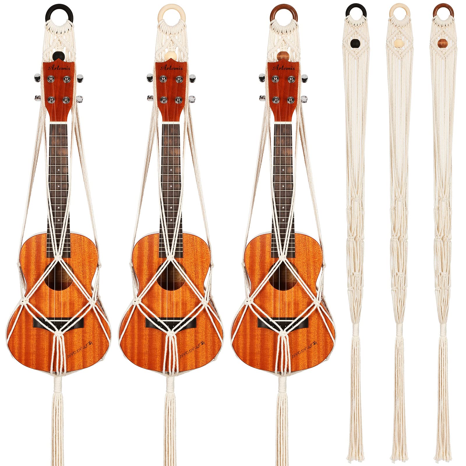 3 Pieces 21 to 24 Inches, Macrame Ukulele Hanger Macrame Wall Mount Hanger Boho Ukulele Wall Mount Hanging Stand Holder for Soprano Ukulele Case Wall Decor Alternative Kit, Black Ring and Wooden Bead