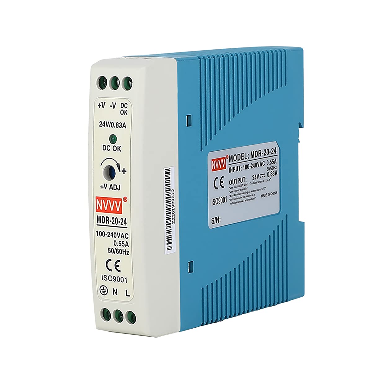 NVVV MDR-20-24 AC to DC DIN-Rail Power Supply, 24V, 1 Amp, 24W, 1.5"