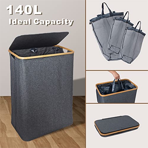140L XXX-Large Laundry Hamper with Lid - Large Washing Baskets for Laundry with Handles - Laundry Baskets for Bedrooms - Bamboo Bathroom Bin