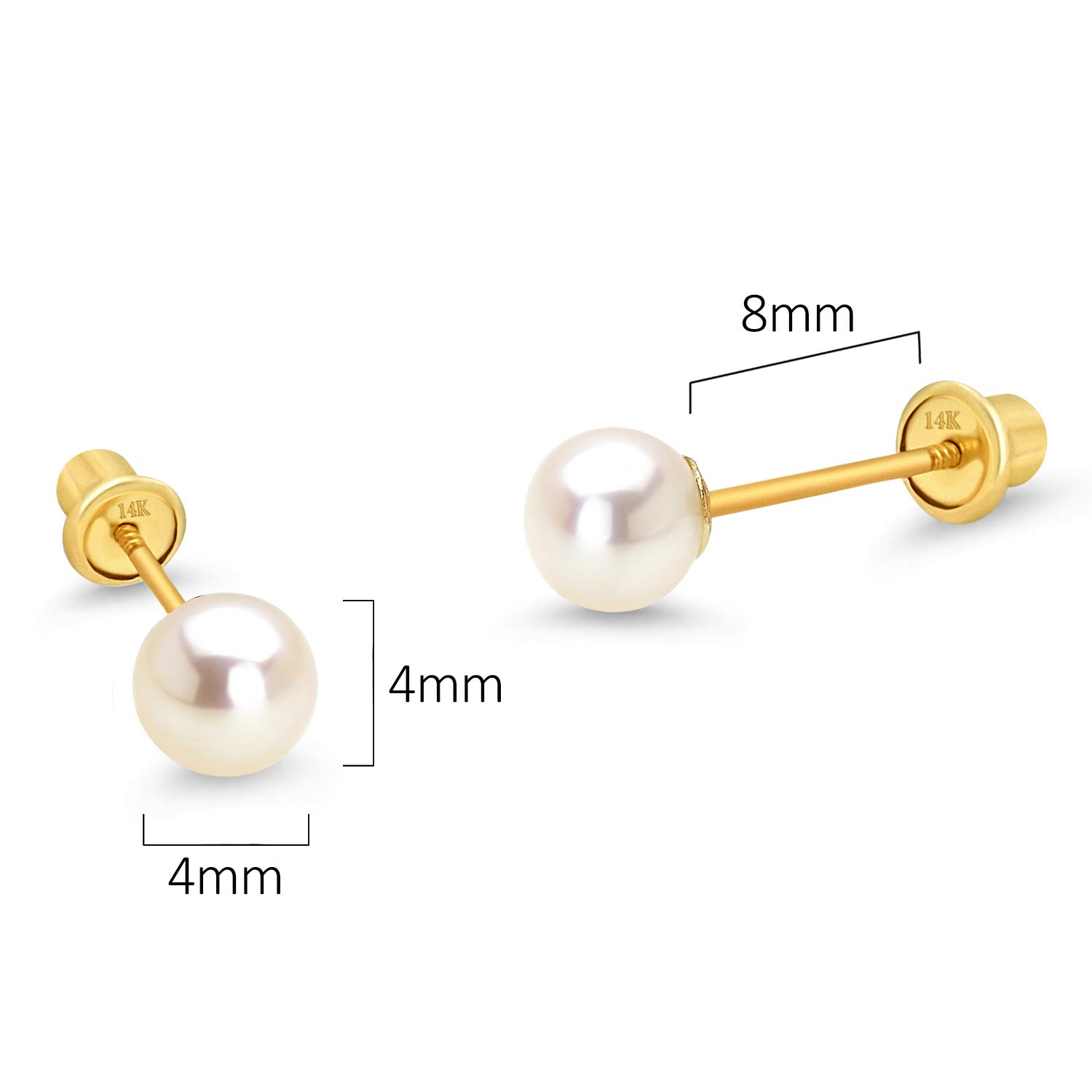 14k Yellow Gold 4mm Simulated Pearl Children Screw Back Baby Girls Earrings