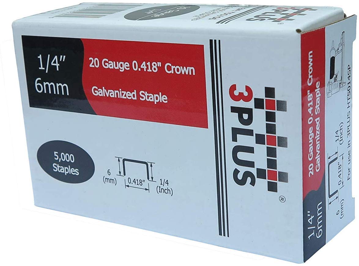 3PLUS T50/06 20 Gauge 3/8-Inch(10.6mm) Crown 1/4-Inch Leg Length Galvanized Fine Wire Staples, 5,000 per Box