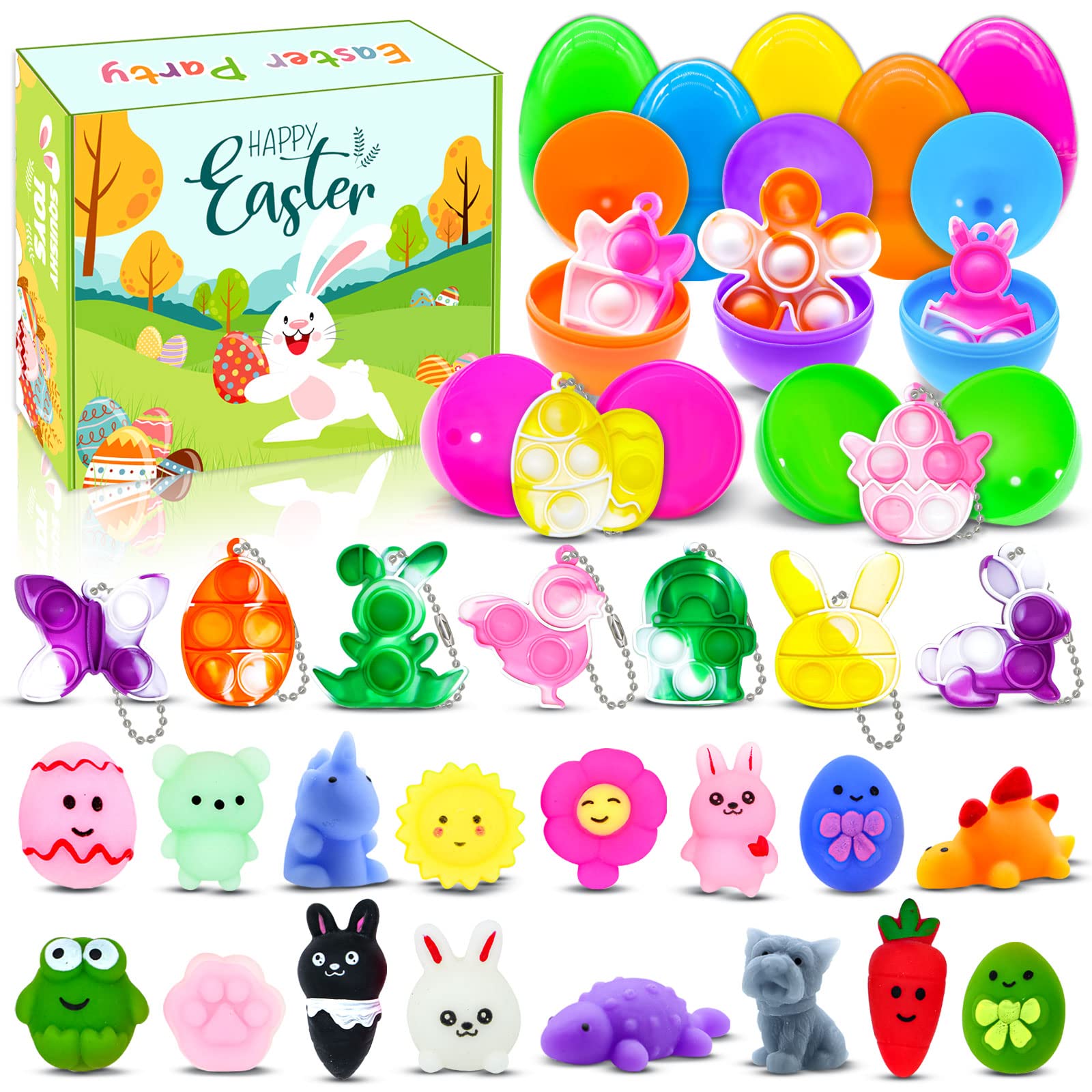 50 Pack Prefilled Easter Eggs with Mini Pop Keychain, Easter Basket Stuffers with Squishy Toys, Squishy Stress Relief Toys for Easter Basket Stuffers Egg Fillers( 50 pcs Eggs + 50 pcs Toys)