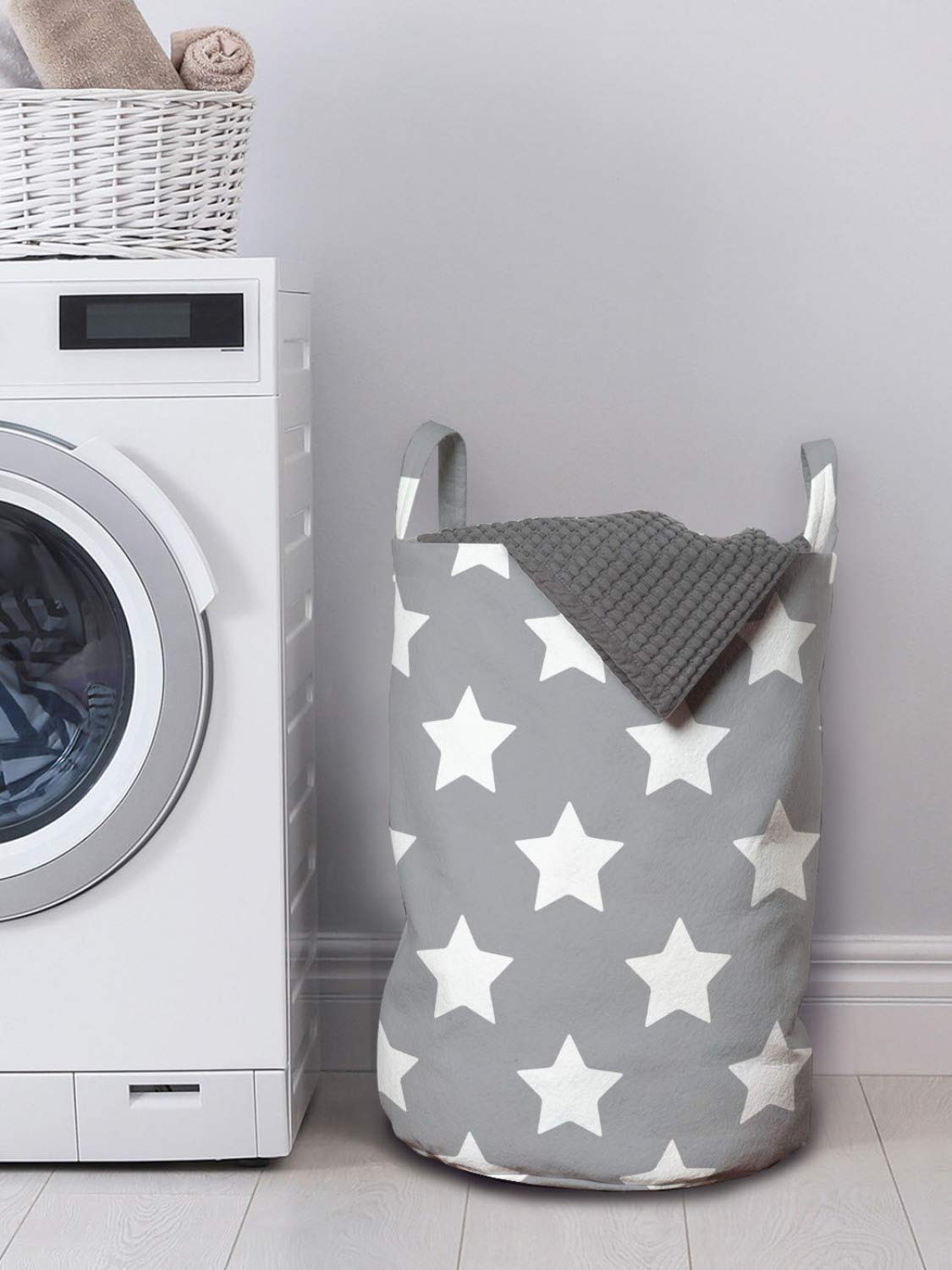 Ambesonne Star Laundry Bag, Big Stars Pattern Monochrome Modern Design Starry Night Themed, Hamper Basket with Handles Drawstring Closure for Laundromats, 13" x 19", White Grey