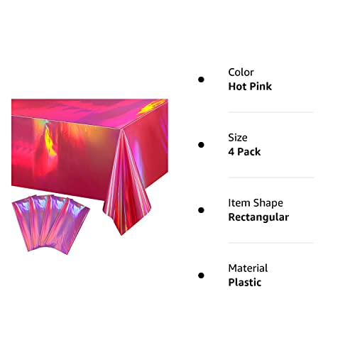 4 Pack Hot Pink Iridescence Plastic Tablecloths Shiny Disposable Laser Rectangle Table Covers Holographic Foil Tablecloth Party Decorations Birthday Bridal Wedding Christmas, 54 x 108 Inch