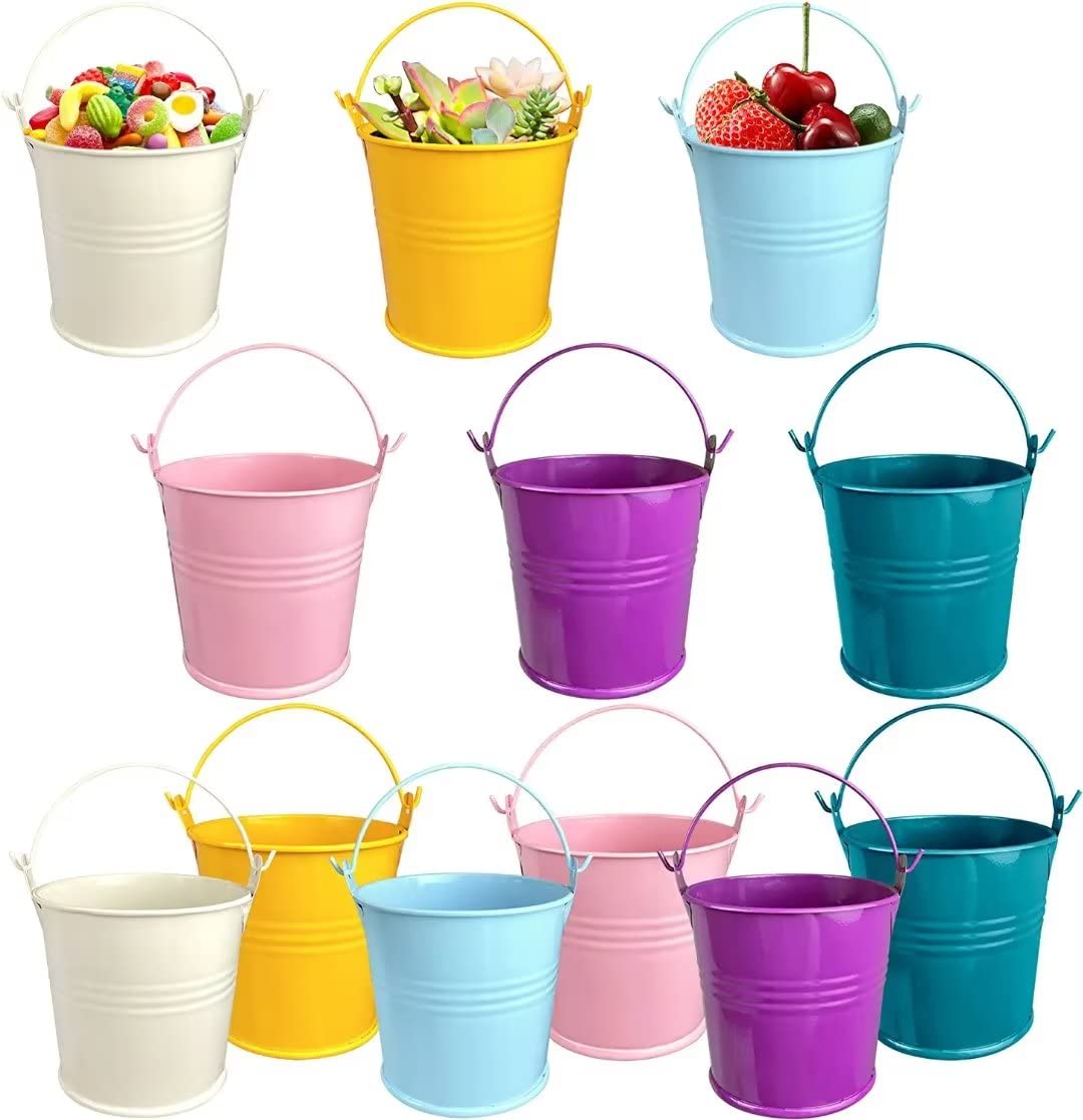12 Pack Mini Metal Buckets Small Metal Pail Tinplate Tin Pails Containers with Handles for Party Favors and Garden Decorations