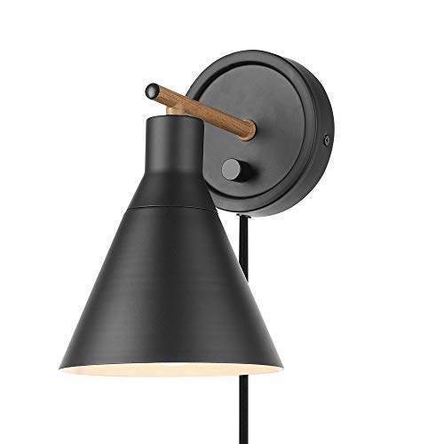 Globe Electric 51725 1-Light Dimmable Plug-in or Hardwire Wall Sconce, Matte Black, Faux Walnut Accent, Stepless Dimming Rotary Switch on Canopy, Black Fabric Cord, Wall Lights for Bedroom Plug in