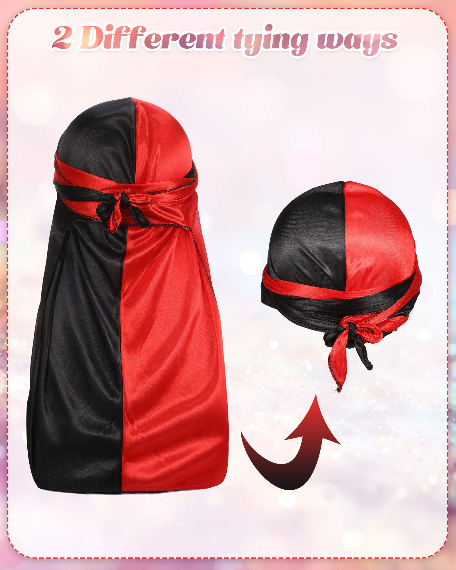 12 Pieces Silky Durag Pirate Cap Long Tail Headwraps for Men and Women Silky Durag Hip Hop Rapper Doo Rag Sleep Hat (Two-Tone Style)
