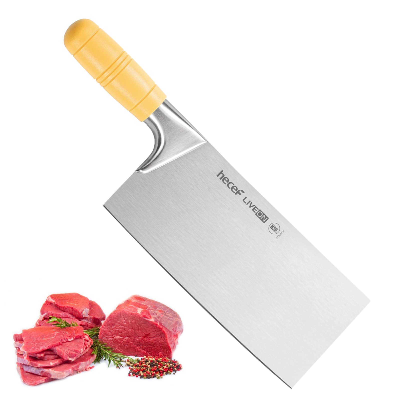 hecef Cleaver Knife 8.2 Inch, Chinese Chef Knife, German Stainless Steel Slicer Cleaver, Vegetable Meat Cutting Knife for Home & Restaurant, Yellow, NSF Certified