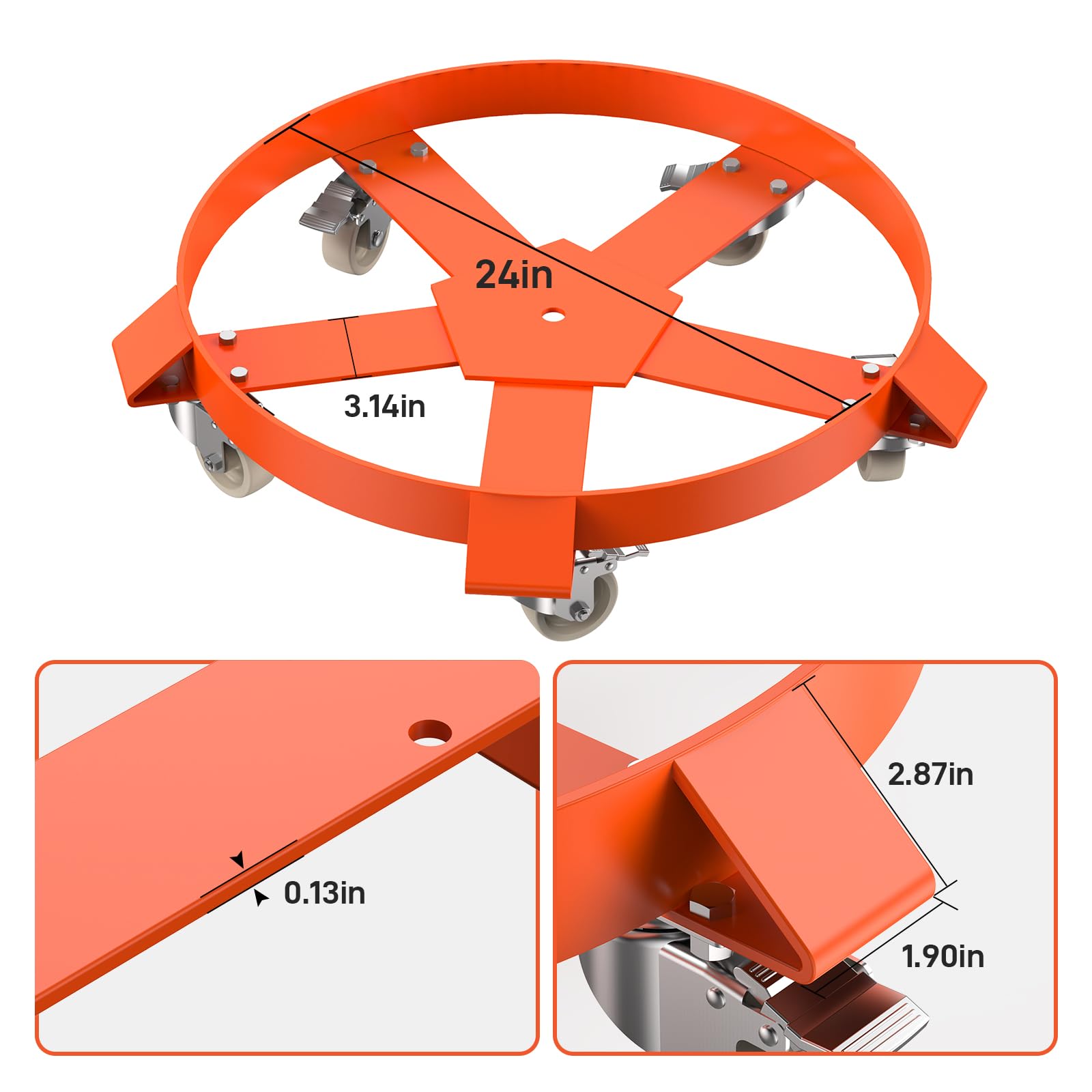 1250 LBS Capacity Drum Dolly, 55 Gallon Barrel Dolly with 5 Caster Wheels, Trash Can Dolly Non-Tipping Hand, Orange Steel Frame Dolly