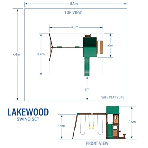 Backyard Discovery Lakewood Cedar Wood Swing Set, Covered Upper Deck with White Trim Window, Slide with Rails, Lower Fort Area with Door and Attached Bench, Swing Belts, Trapeze Bar, Stair Ladder