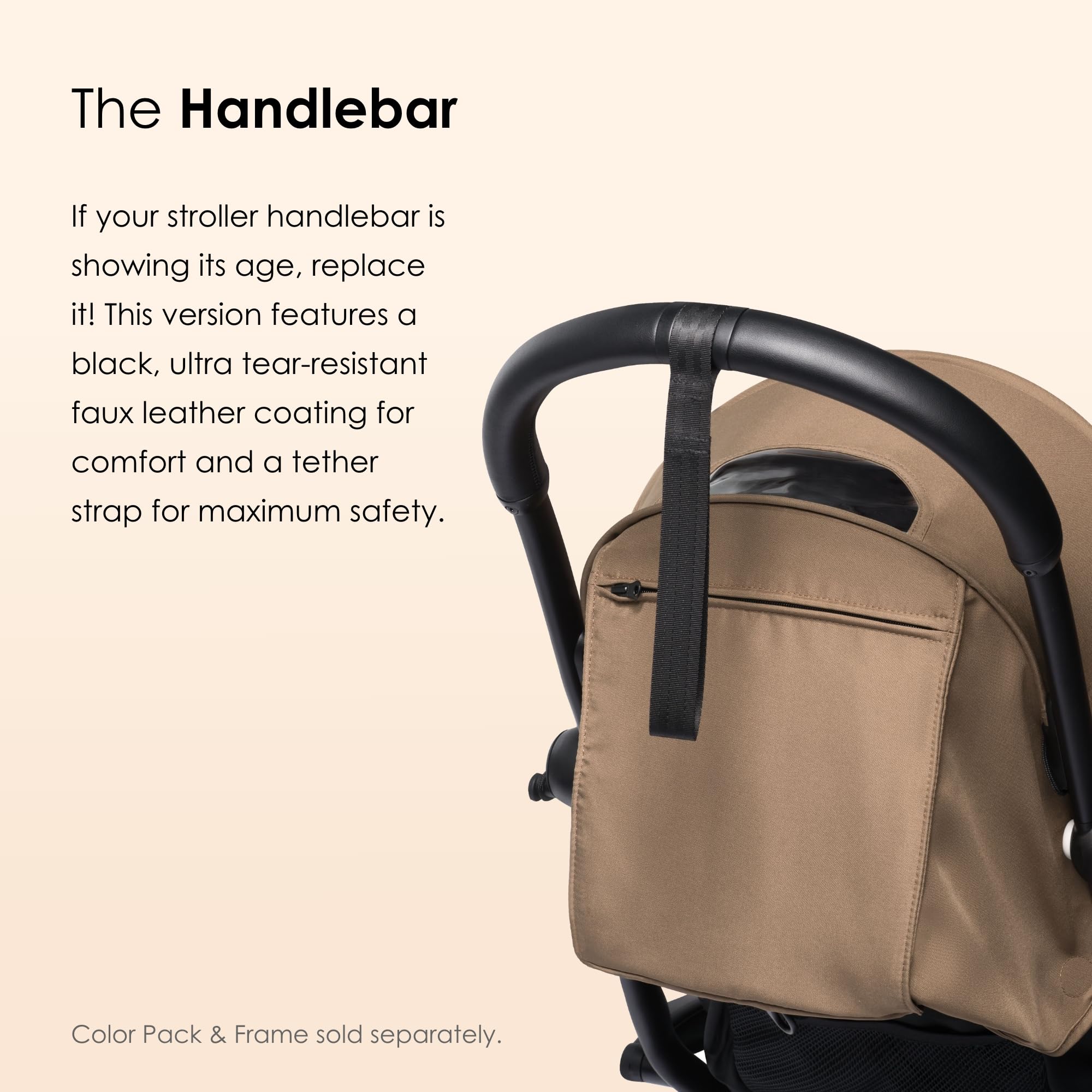 BABYZEN YOYO Handlebar, Black - Ultra Tear-Resistant, Faux Leather Coating - Includes Tether Strap - Compatible with YOYO2 & YOYO+ Strollers