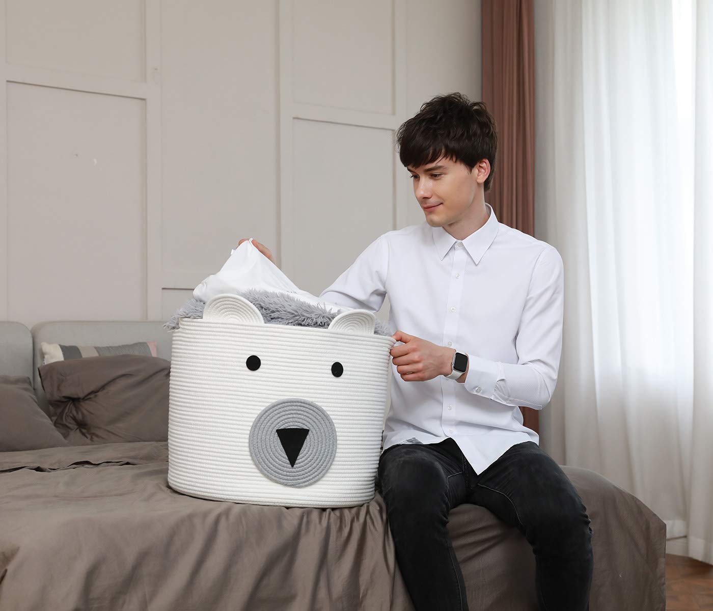 Bear Basket, Animal Basket, Large Cotton Rope Basket, Large Storage Basket, Woven Laundry Hamper, Cloth Storage Bin, for Clothes in Bedroom (White, 18"x15")
