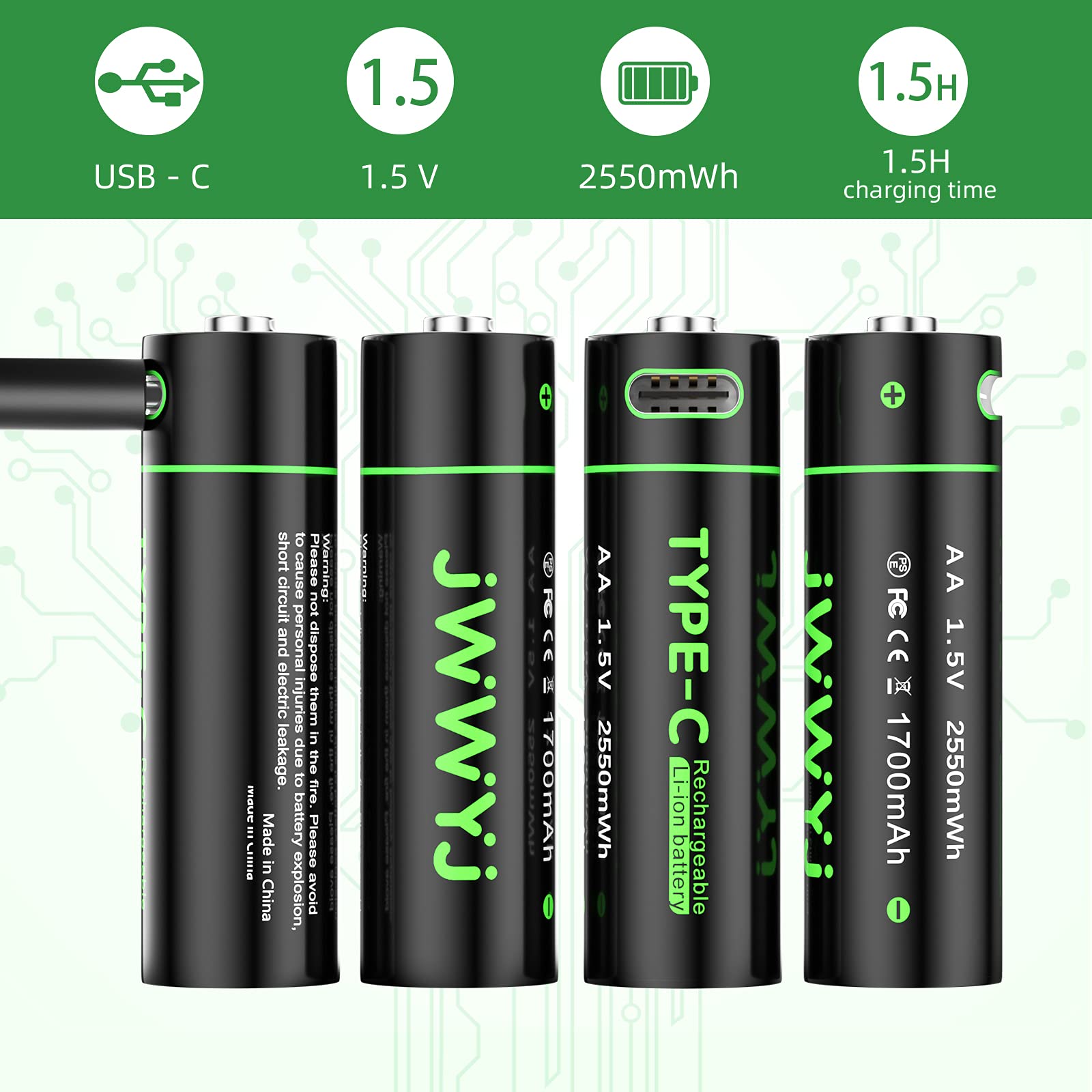 AA Lithium Rechargeable Batteries - 4Pack Smart Rechargeable AA Batteries by JWWYJ,Lithium Ion 1.5v 2550 mWh, Type C Battery Charging Cable, LED Charge Indicator