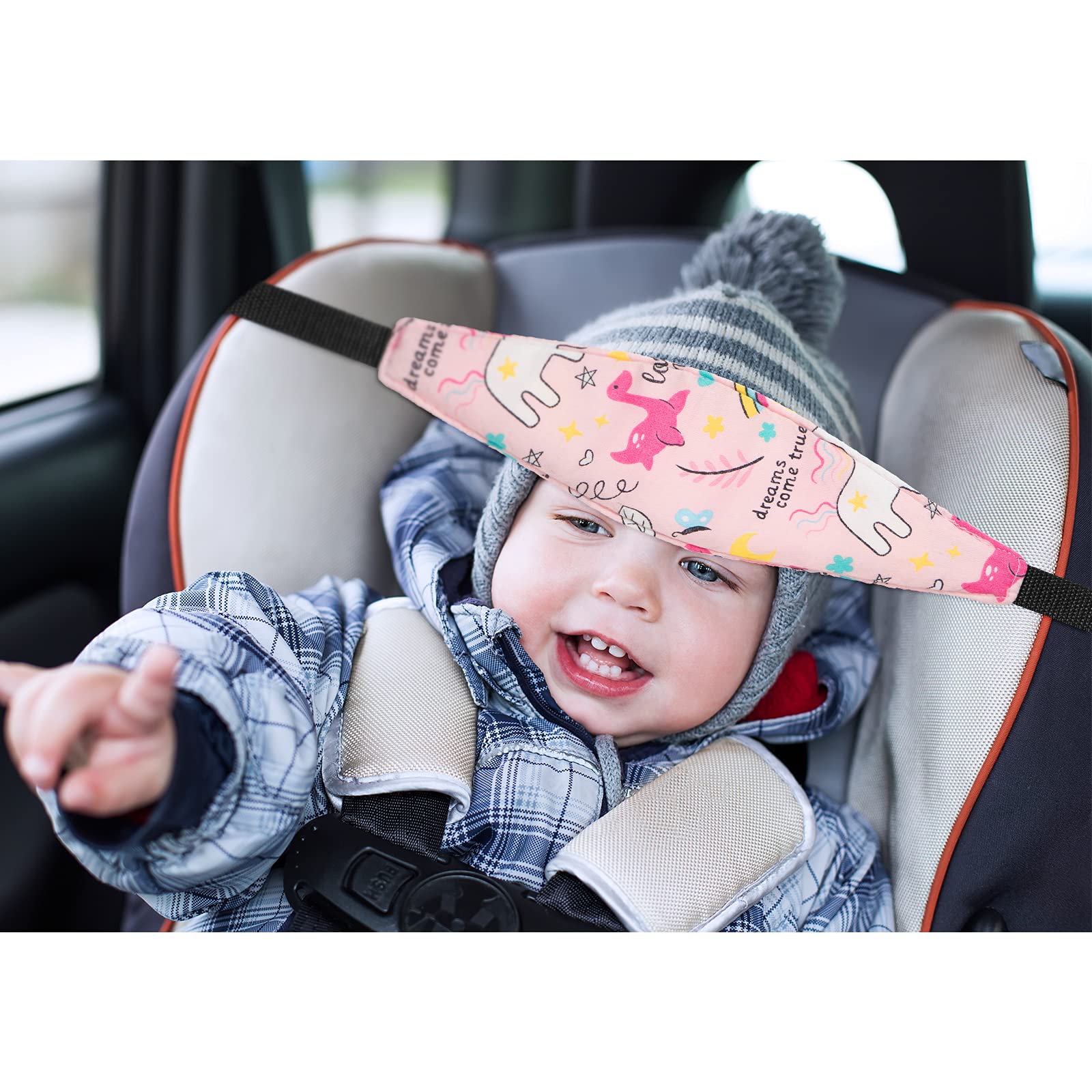 HESTYA 2 Pieces Baby Carseat Head Support Band Strap Headrest Stroller Seat Sleeping Headrest Neck Relief Head Strap Headband for Kids Children Toddler Infant(Unicorns and Dinosaurs)