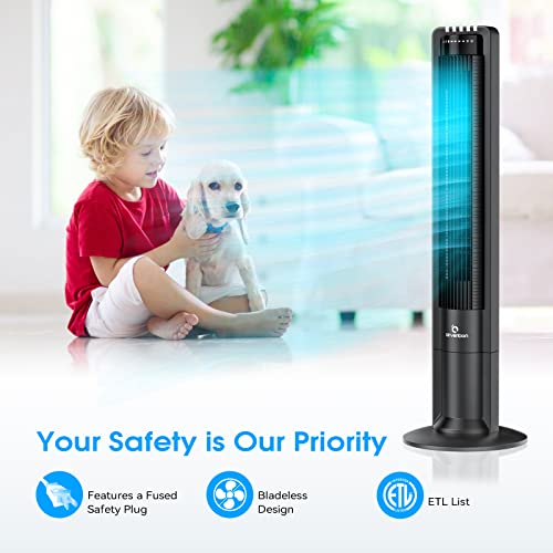 Airvention 115° Oscillating Modern Tower Fan for Bedroom, 43'' Standing Fan with Remote, 7.5H Timer, 28dB Ultra Quiet Cooling Floor Fan for Home, Office or Bedroom, 3 Speeds, 3 Modes, X01A, Black
